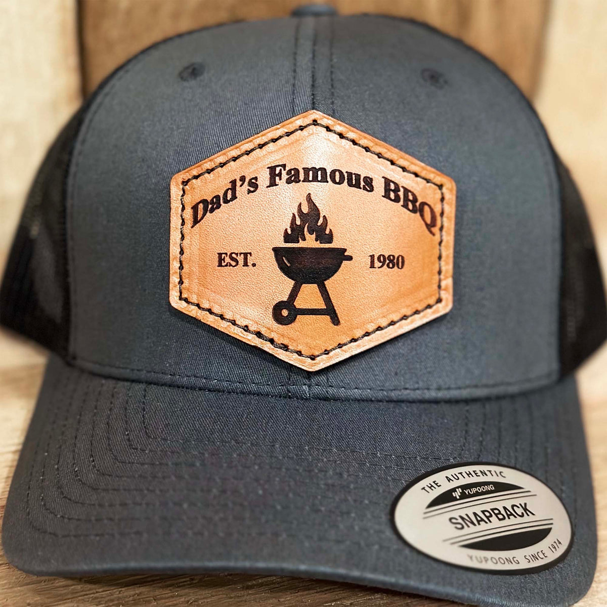 Custom Barbeque Leather Patch Mesh Snapback Trucker Hat – On Point ...